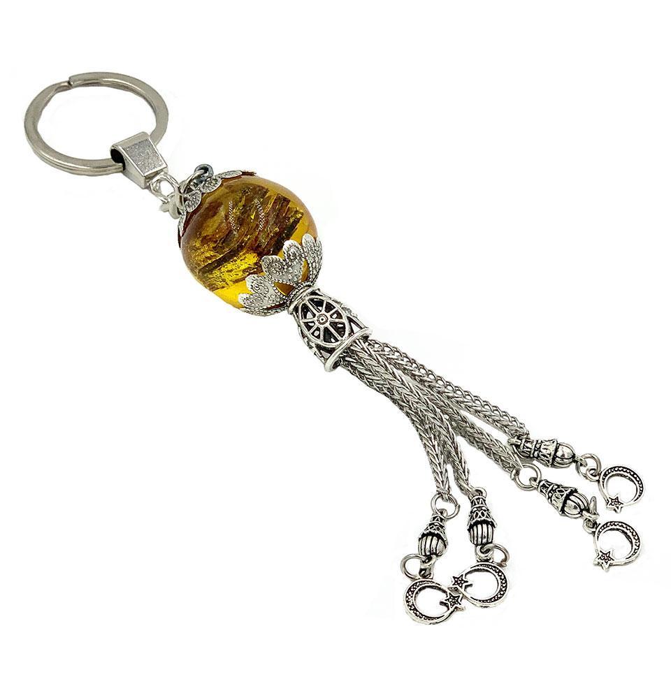 Crescent Moon & Star Tasseled Amber Keychain