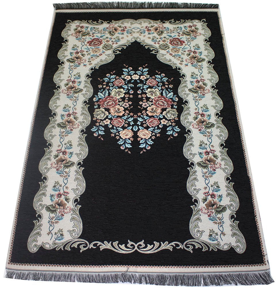 Chenille Embroidered Floral Rose Islamic Prayer Mat - Black