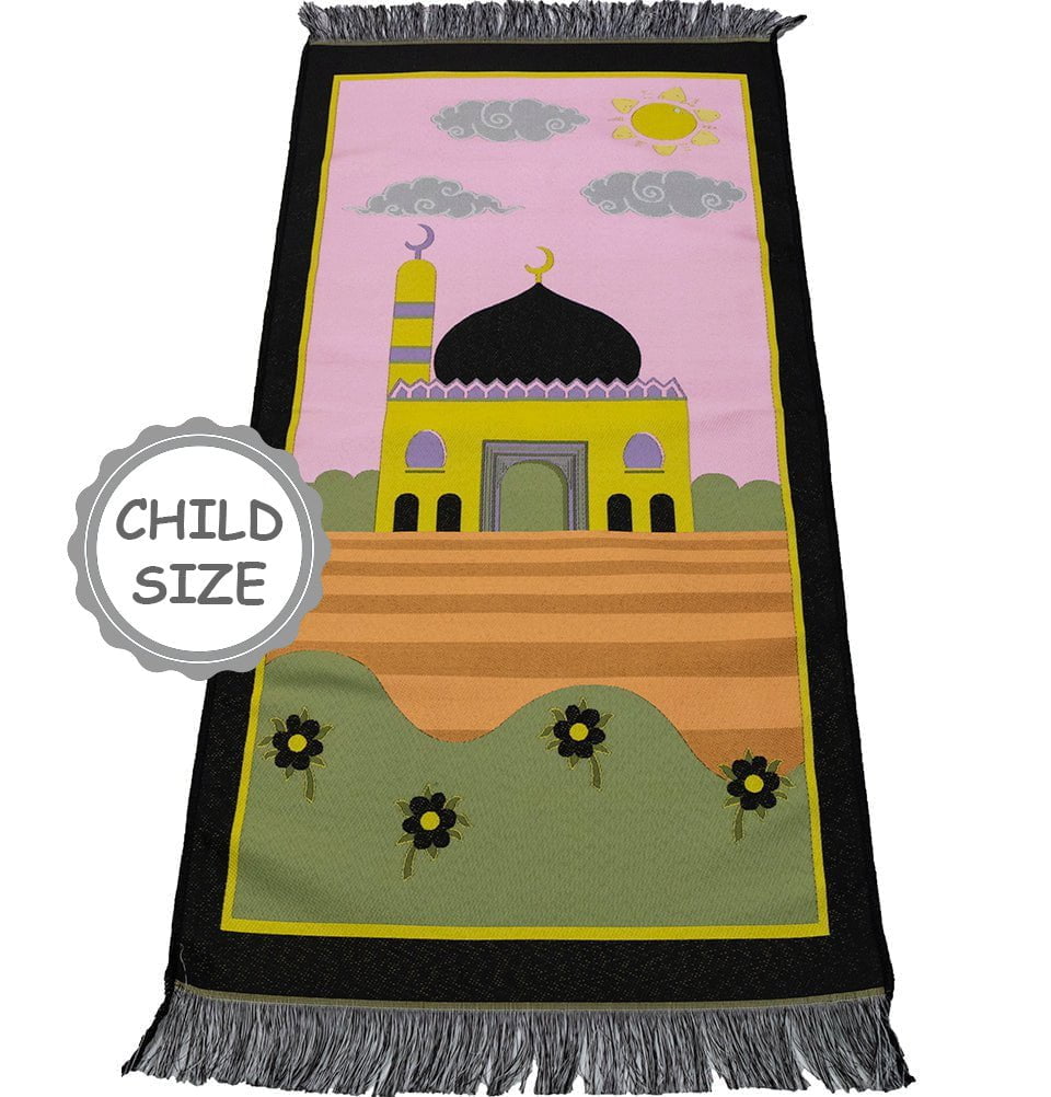 Child Size Kids Islamic Prayer Rug | Floral Masjid - Black & Pink