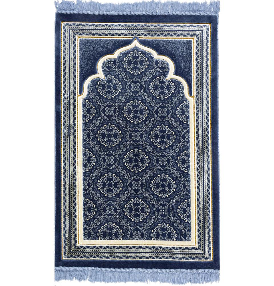 Lux Plush Velvet Islamic Prayer Rug Elegant Swirl Blue
