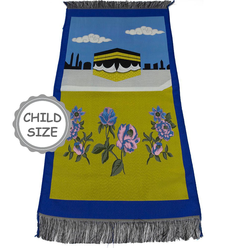 Child Size Kids Islamic Prayer Rug | Floral Kaba - Blue & Yellow