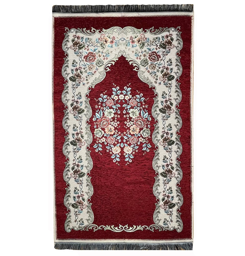 Chenille Embroidered Floral Rose Islamic Prayer Mat - Red