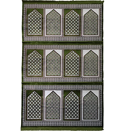 Wide 12 Person Masjid Islamic Prayer Rug - Geometric Green