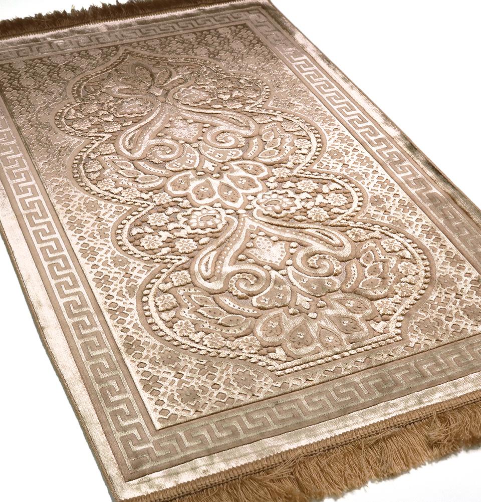Luxury Velvet Islamic Prayer Rug Paisley Golden Beige