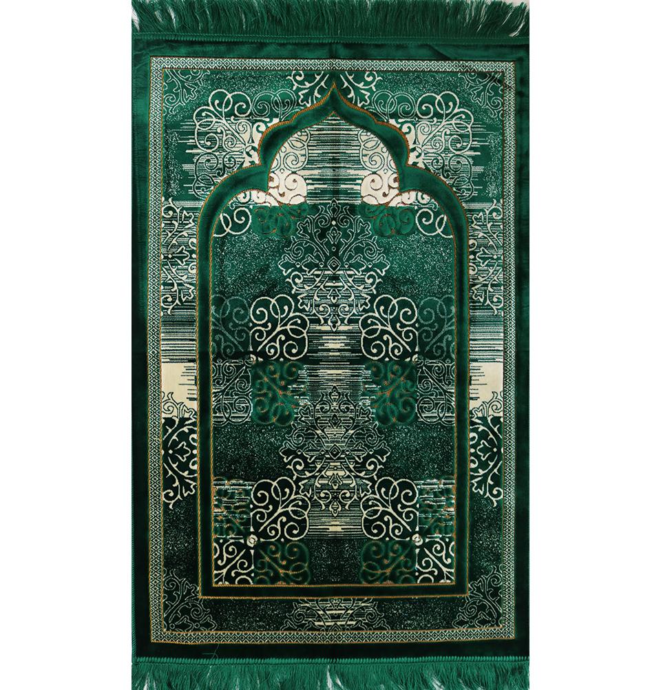 Plush Velvet Islamic Prayer Rug Classic Elegant Swirl - Green