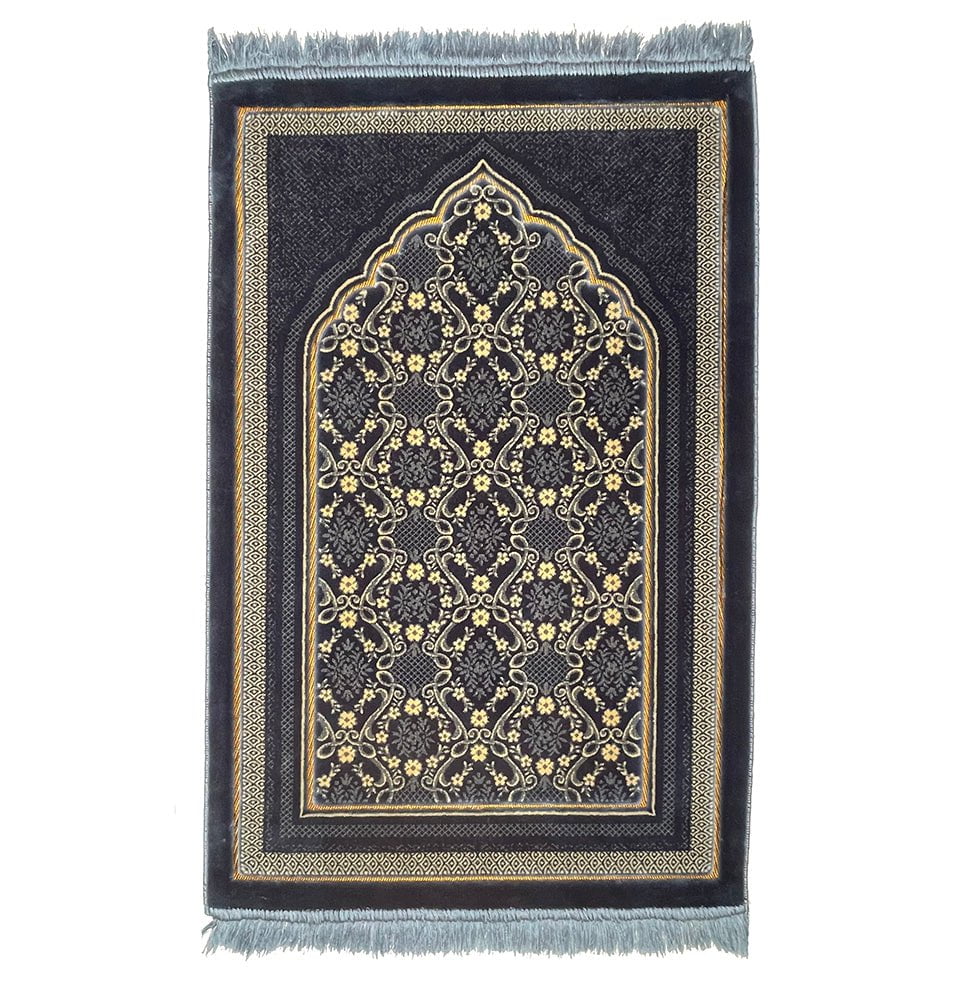 Lux Plush Velvet Islamic Prayer Rug - Floral Blue