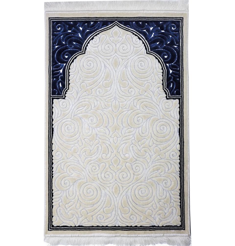 Plush Velvet Islamic Prayer Rug Sina - Navy Blue #2