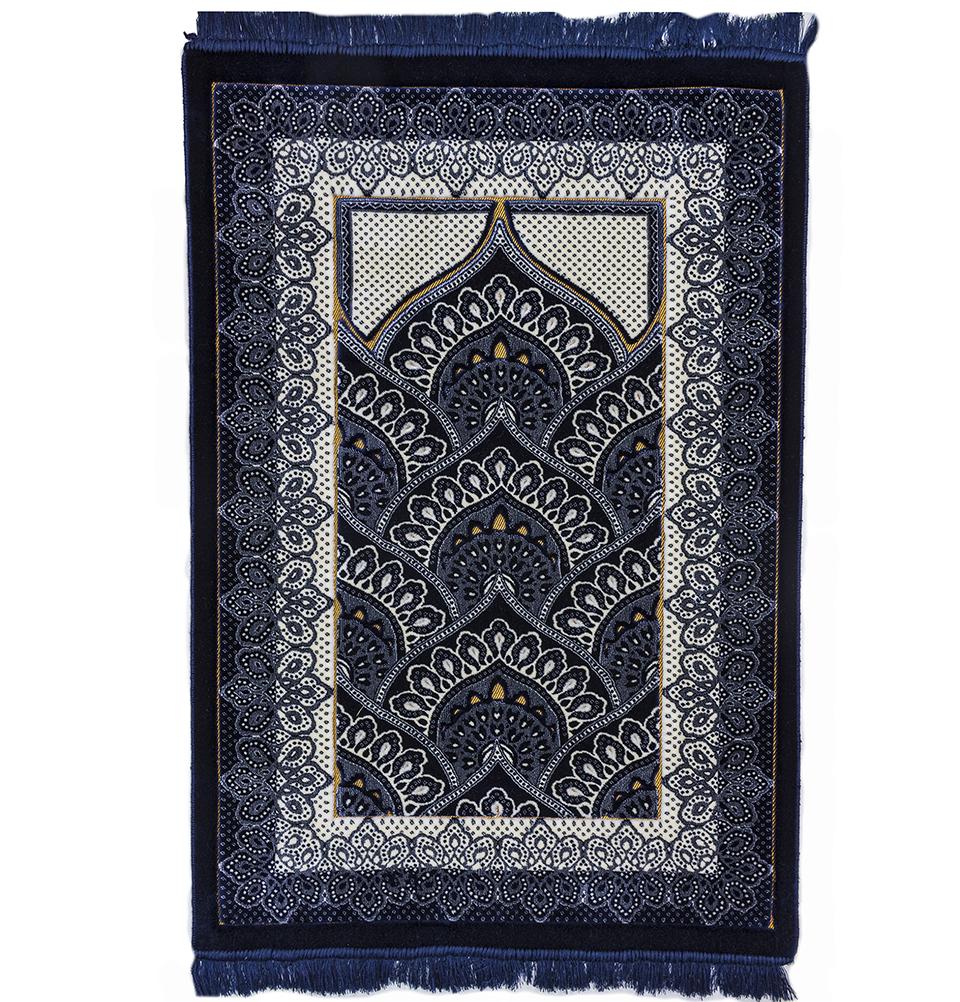 Double Plush Wide Islamic Prayer Rug - Paisley Navy Blue