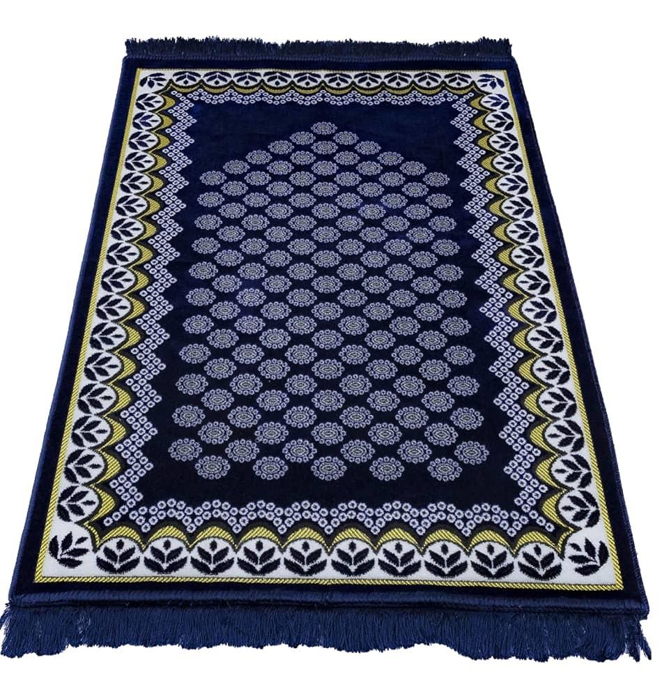 Velvet Floral Daisy Arch Islamic Prayer Rug - Navy Blue