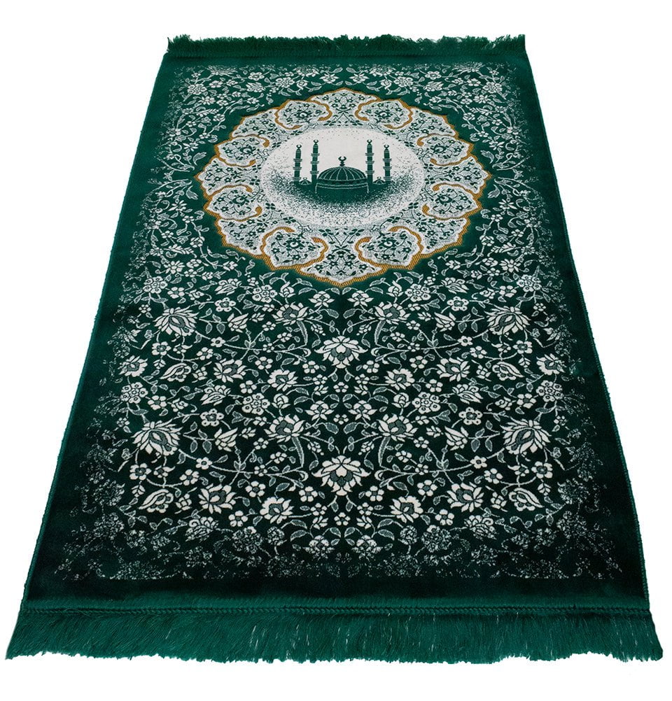 Plush Velvet Islamic Prayer Rug - Floral Mosque Green