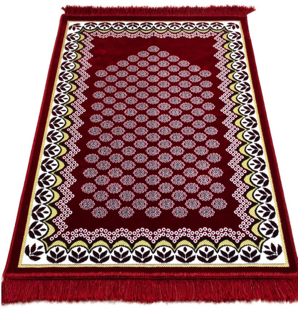 Velvet Floral Daisy Arch Islamic Prayer Rug - Red