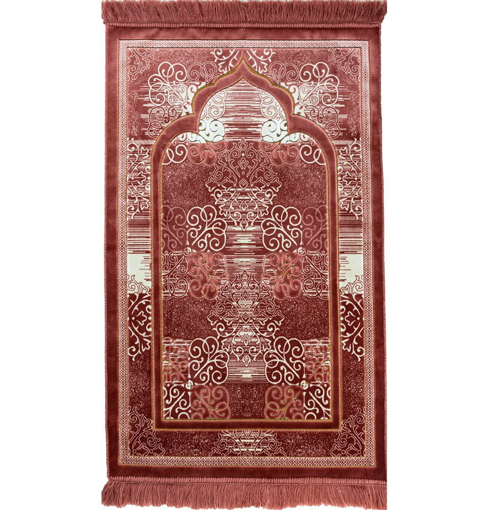 Plush Velvet Islamic Prayer Rug Classic Elegant Swirl - Rose Pink