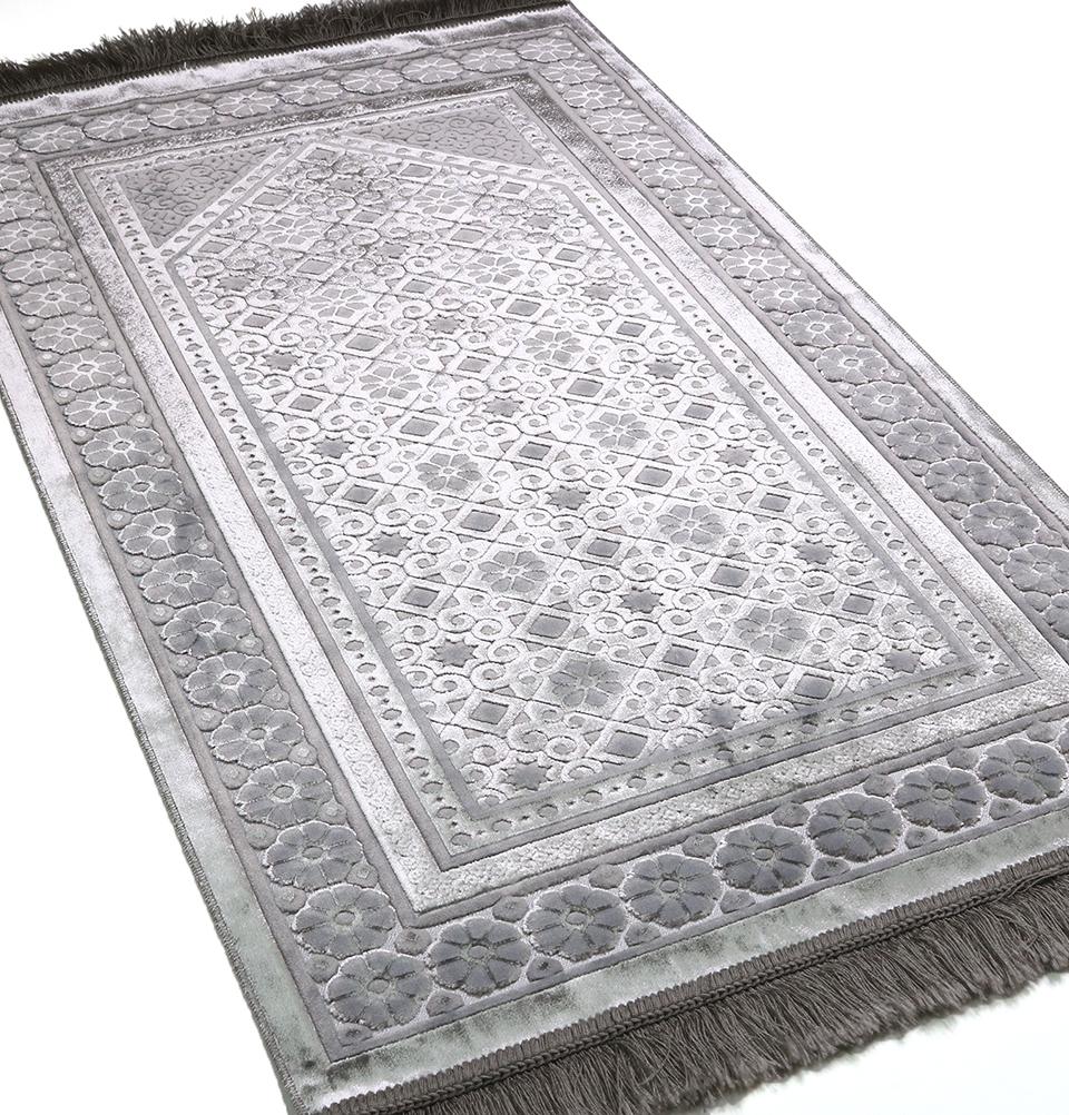 Luxury Velvet Islamic Prayer Rug Floral Stamp Silver Grey