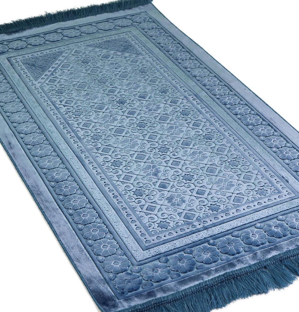 Luxury Velvet Islamic Prayer Rug Steel Blue
