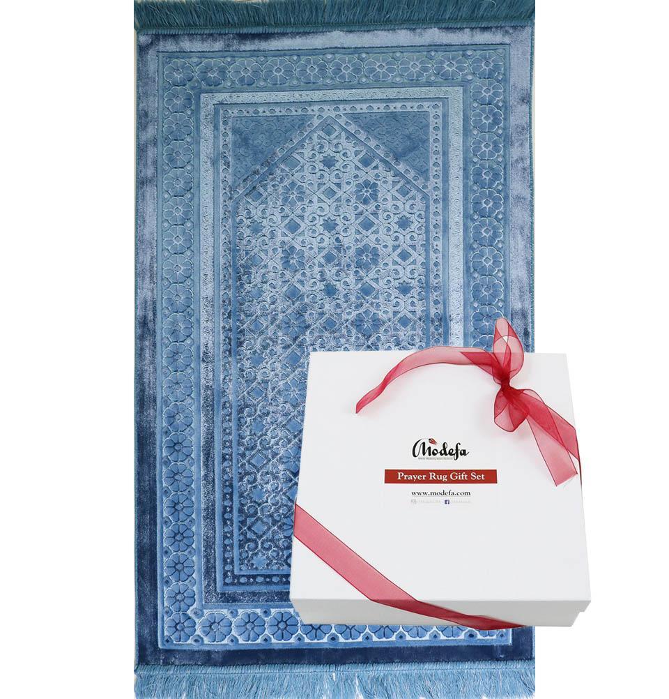 Luxury Velvet Islamic Prayer Rug Gift Box Set with Prayer Beads Blue