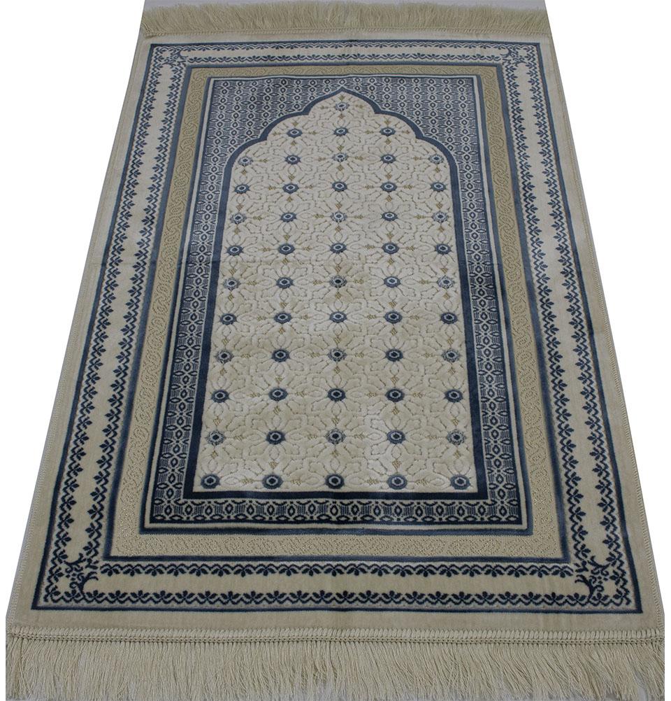 Velvet Floral Stamp Islamic Prayer Rug - Blue