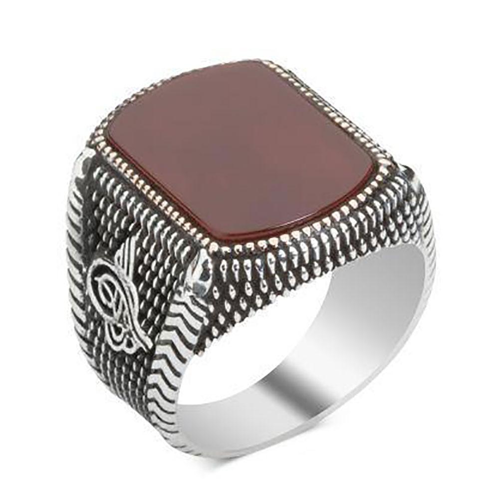 Men's Silver Turkish Ring Red Agate with Tughra